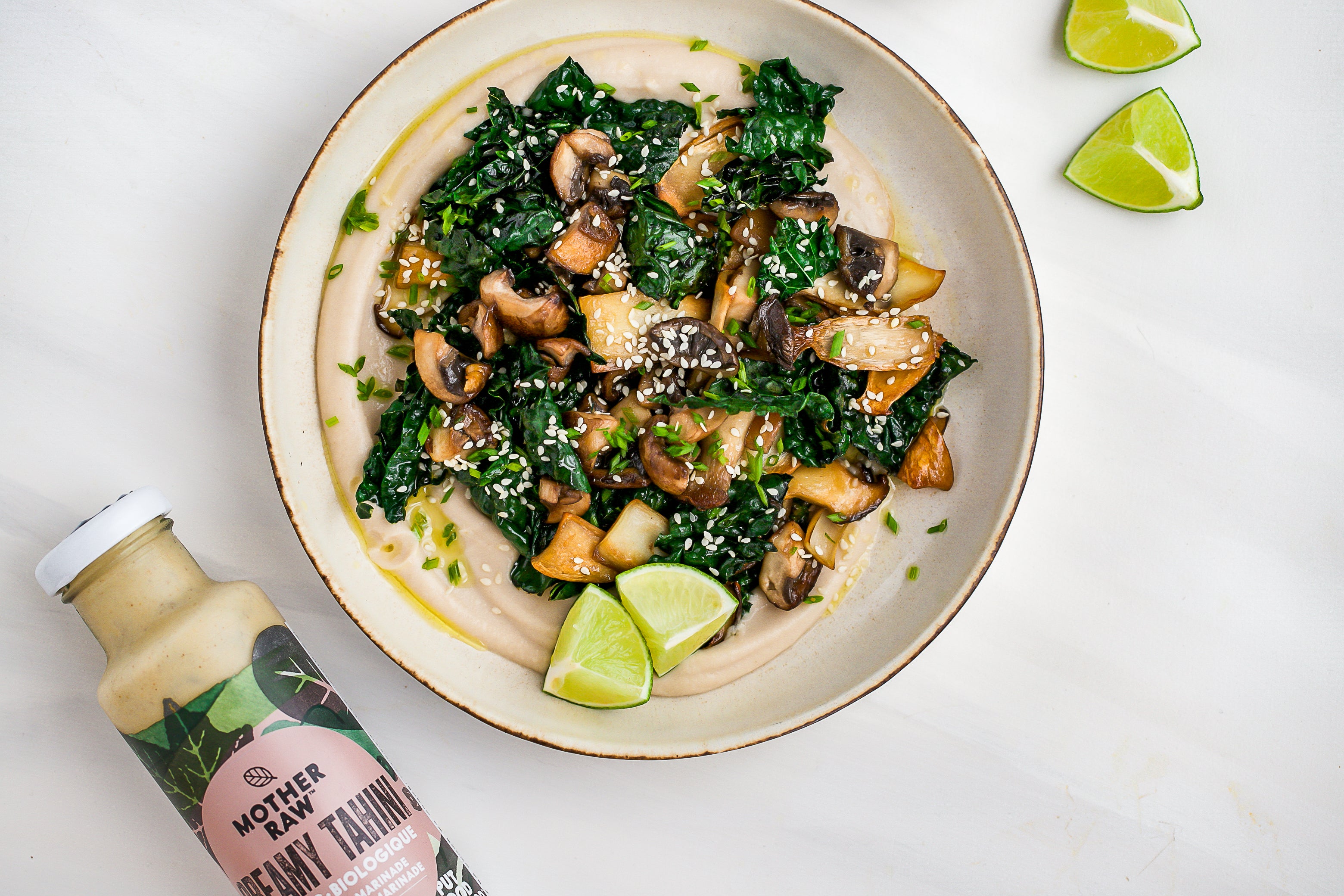 Tahini White Bean Dip with Crispy Mushrooms and Kale – Mother Raw Canada
